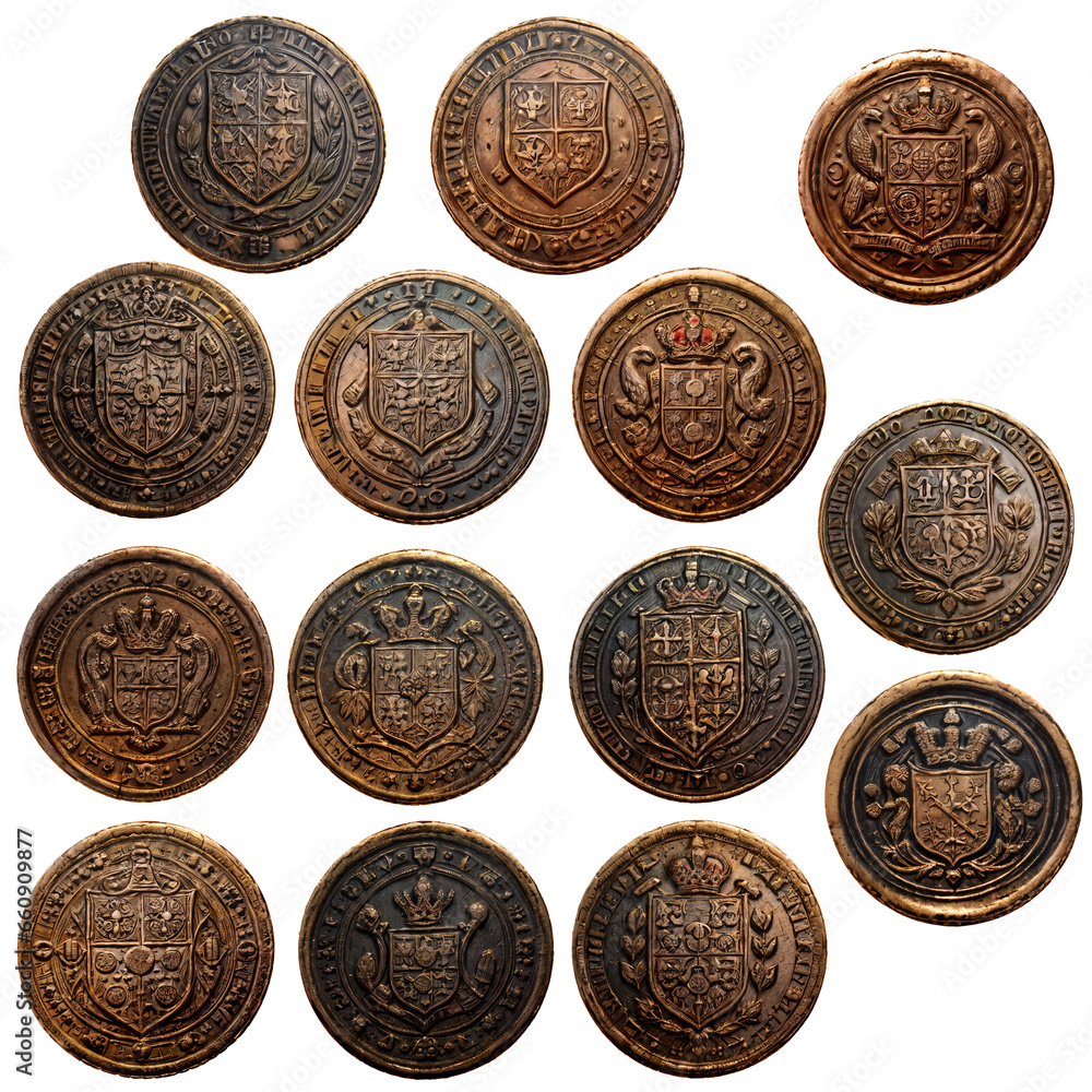 Medieval coins with coat of arms on white background, numismatic ...