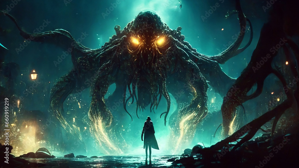 A giant octopus-like Huge monster with glowing yellow eyes, covered in ...