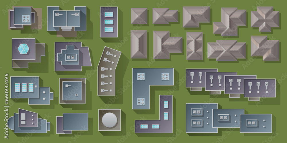 Vector illustration of an overhead view of different types of roofs of ...