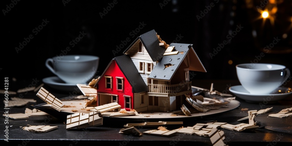 House model and broken dishes on black table depicting destruction ...