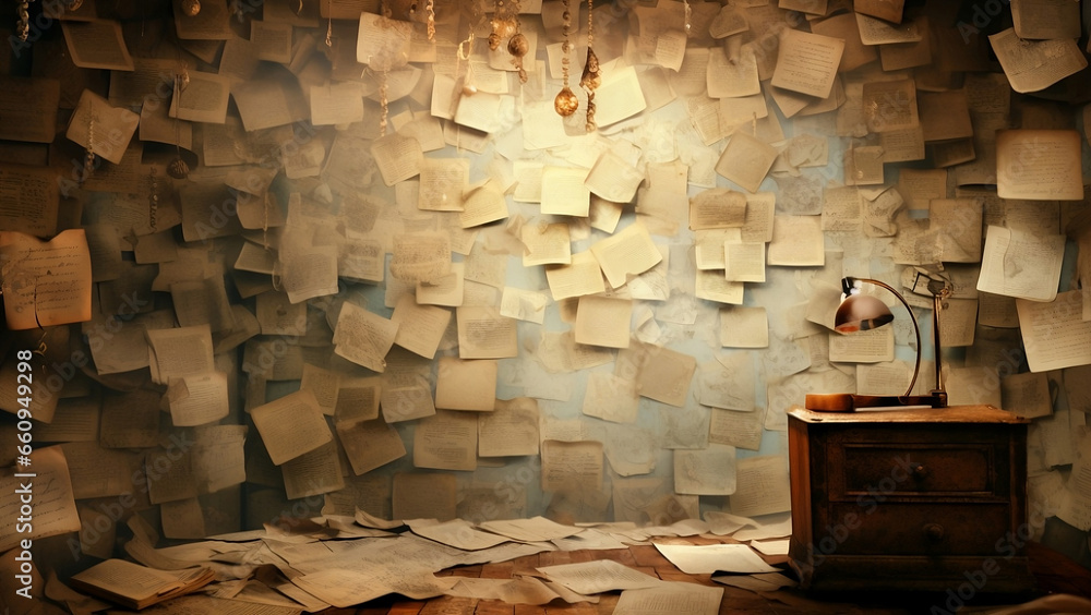 detective board or wall with clues and sticky papers , investigation ...