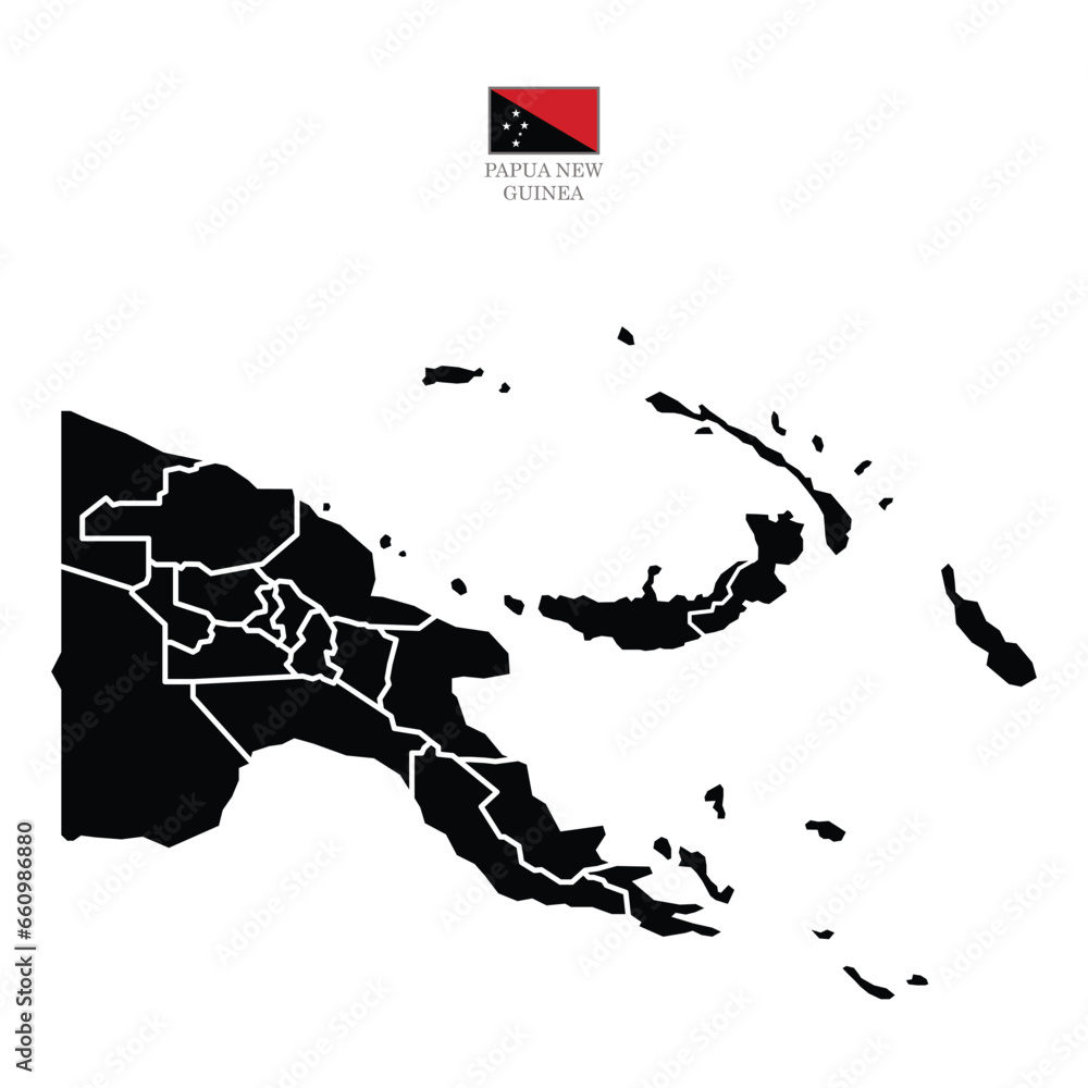 papua new guinea contour vector map with state, black-white, flag in ...