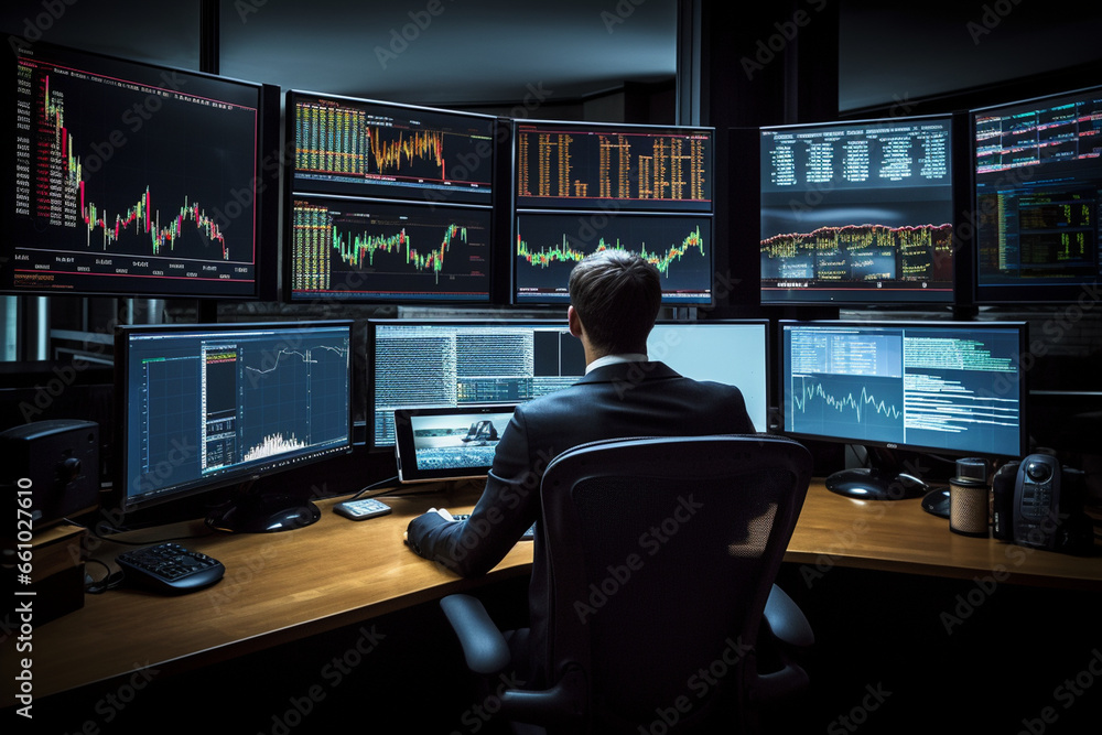 In a contemporary trading suite, a male trader gazes at price charts on a multi-screen ...