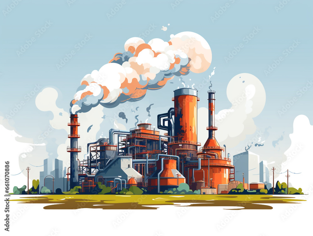 2D flat illustration of a factory area that is operating and releasing ...