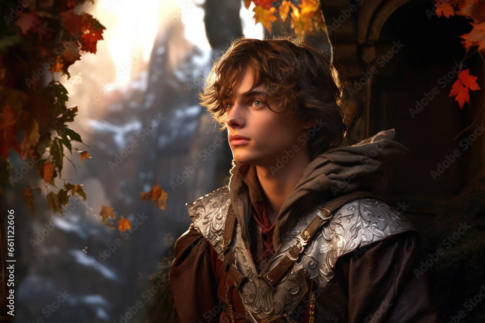 Beautiful prince cosplay in fairy tale in enchanted forest. Fairy tale ...