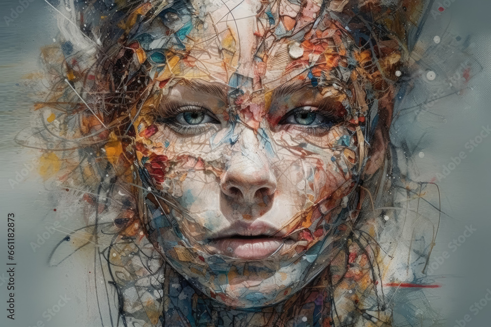 An abstract representation of a woman's face crafted from paper pieces ...
