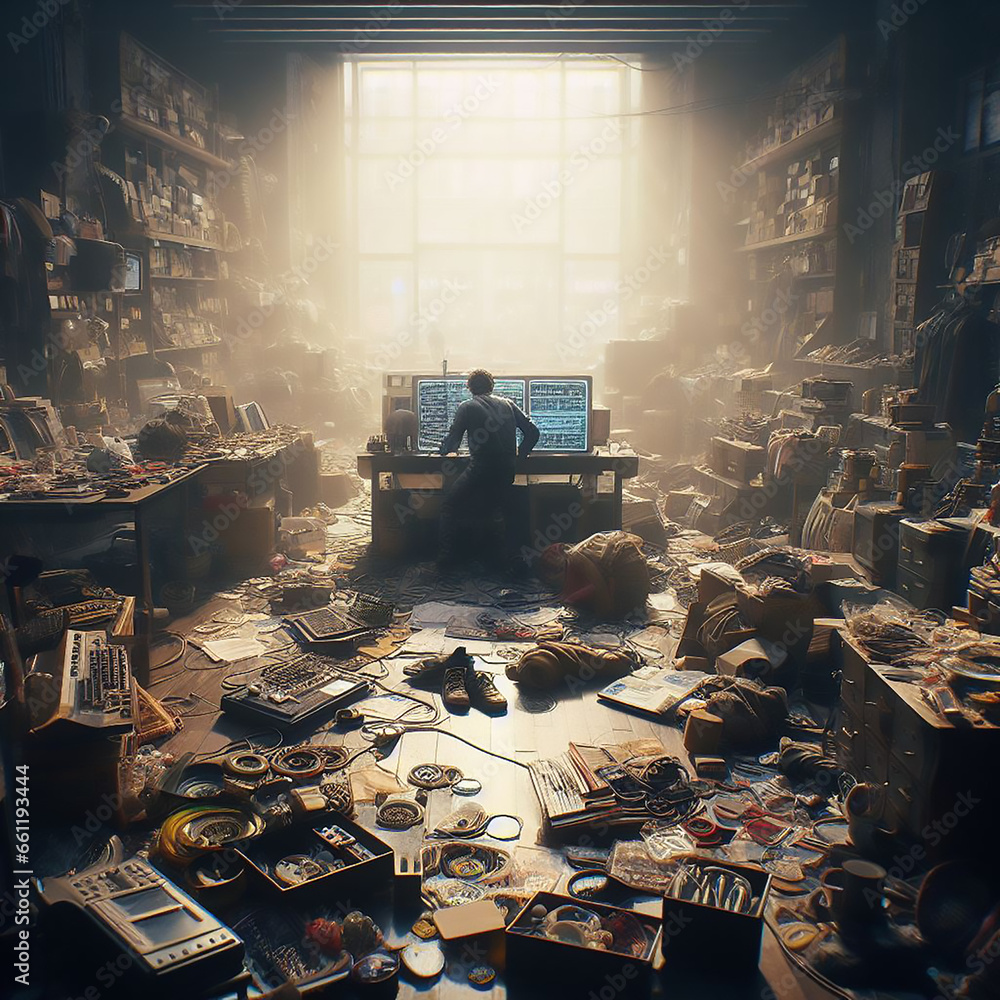 Artstation scifi scene of a complex computer workstation in a small ...