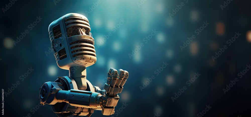 Singer or announcer robot with microphone on sci-fi cyberpunk ...