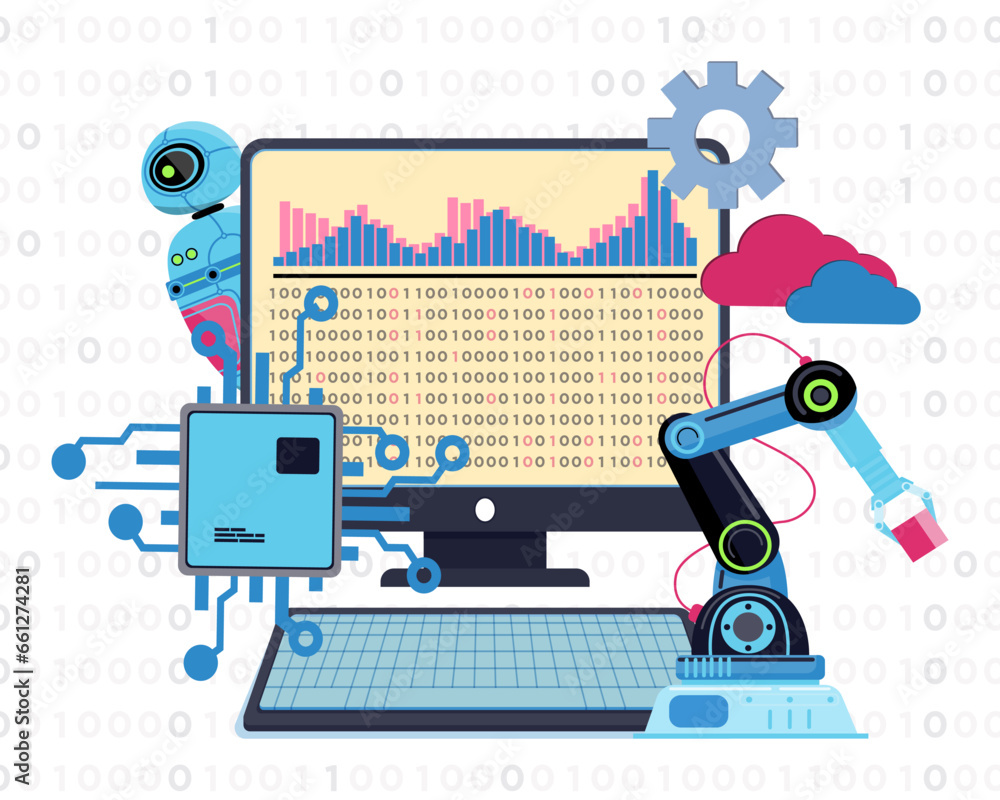 Modern technology and digital gears vector illustration. Binary code on computer screen, robotic ...