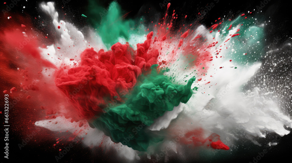 Green, white and red colored powder explosions on black background ...