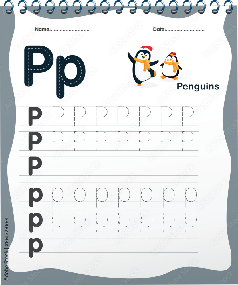 Letter P alphabet tracing practice worksheet. Educational coloring book ...