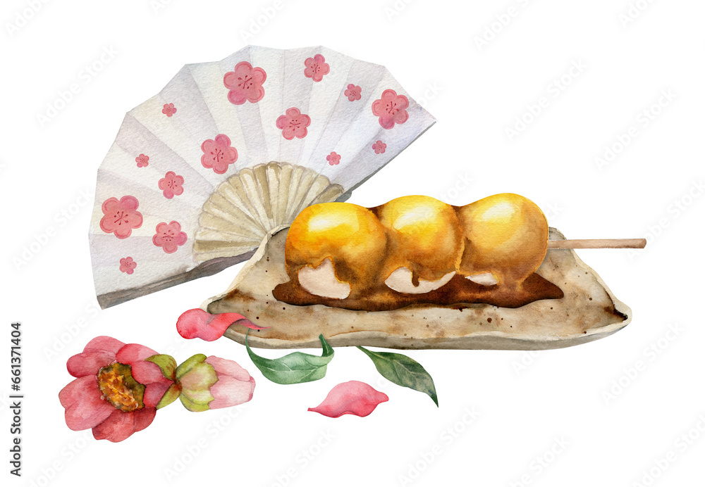 Illustration Stock Watercolor hand drawn traditional Japanese sweets ...