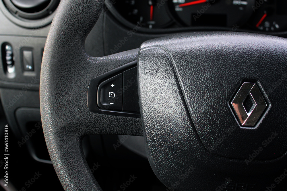 Vinnytsia, Ukraine; October 10, 2023. Renault Master steering wheel ...