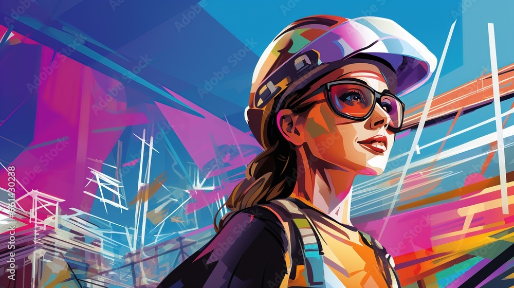Female engineer reads digital blueprints near construction site vector ...