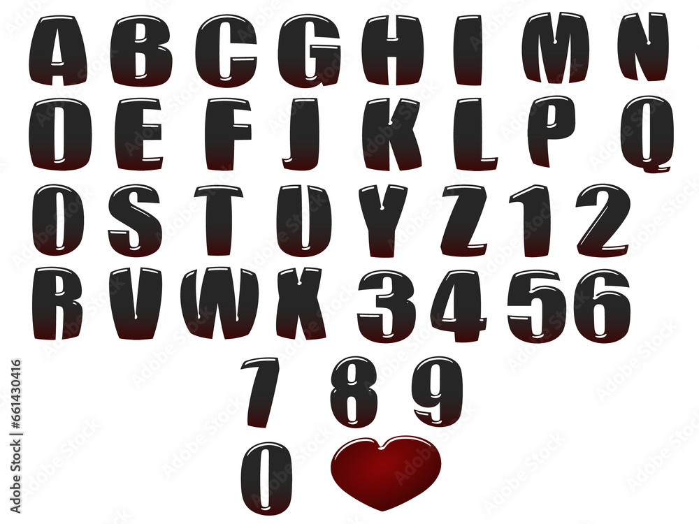 Set of isolated alphabet letters and numbers. Rounded, blown letter ...