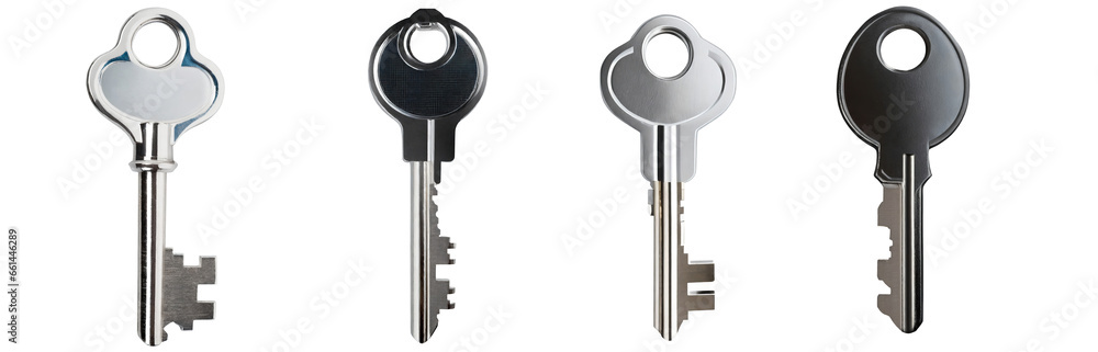 Collection of silver or aluminum keys, isolated on a transparent ...
