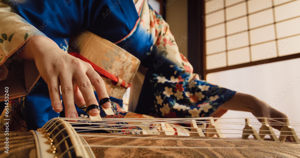 Authentic Japanese Koto Player Practising the Art of String Music in ...