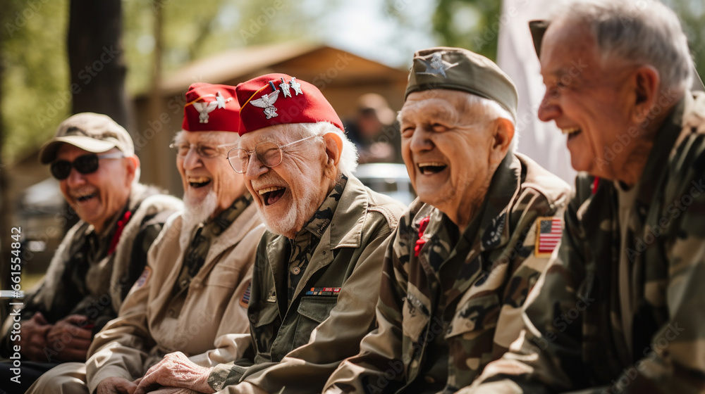 A group of veterans sharing a laugh and camaraderie, blurred background ...
