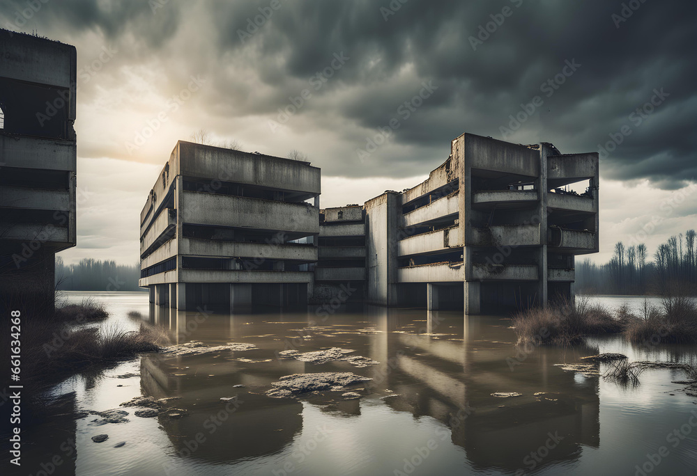 an abandoned ruined flooded modern city with destroyed concrete ...