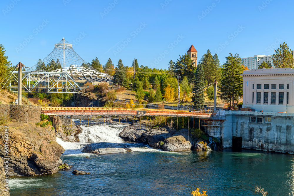 View of Riverfront Park, with the pavilion and clock tower in view ...