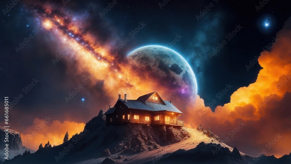 Nebula seen from a house. Gascloud. Cosmic art. Galactic art. 4K - 8K ...