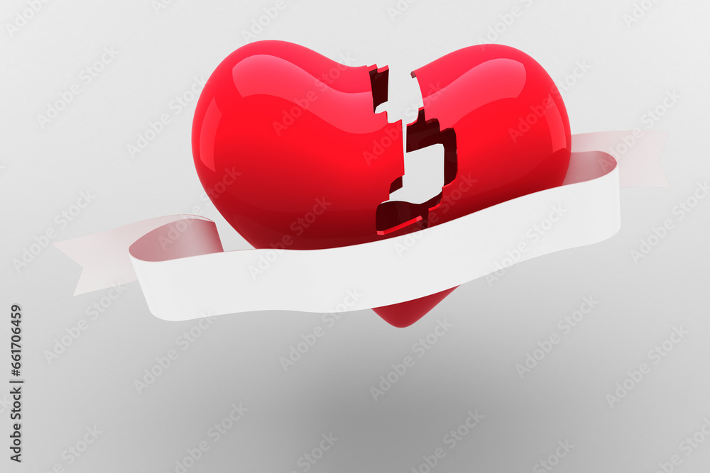 Digital png illustration of red broken heart with white ribbon banner ...