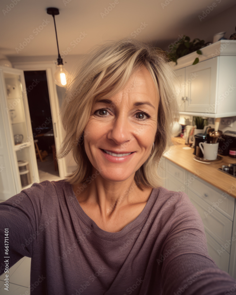 Happy middle aged woman taking a selfie at home Stock Photo | Adobe Stock
