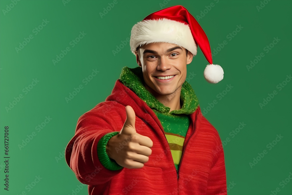 The photograph of an excited handsome boy wearing a Santa Claus hat and ...