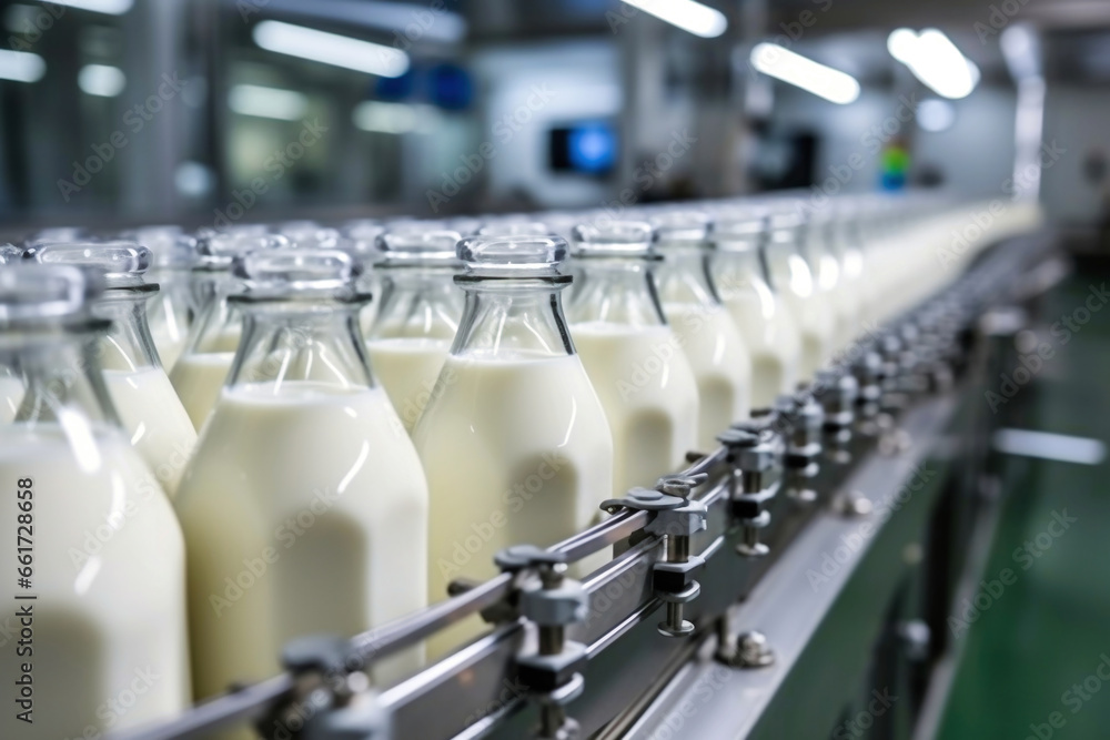 Conveyor for bottling milk into bottles at a modern dairy plant. Line ...