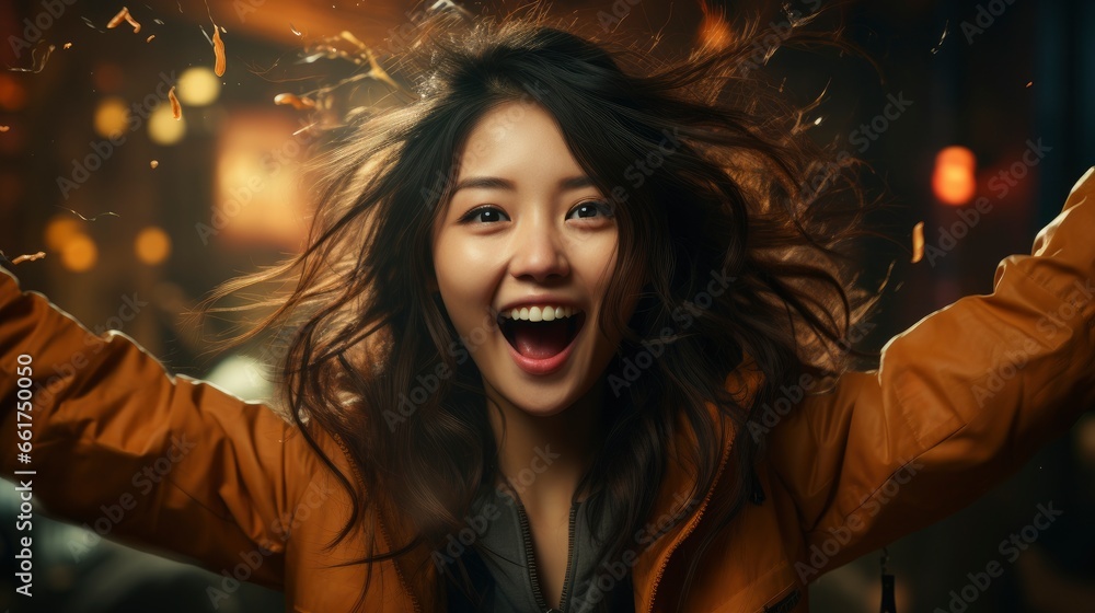 Portrait Enthusiastic Asian Woman Winning Celebrating , Background ...