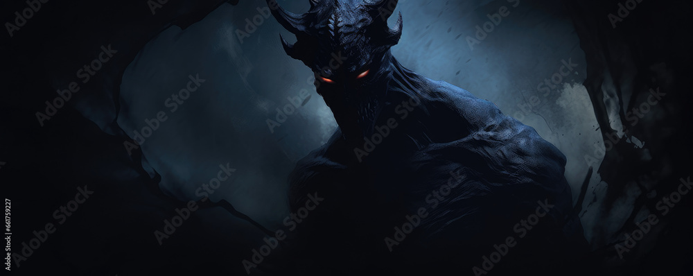 Dark menacing devil figure shrouded in shadows Stock Photo | Adobe Stock