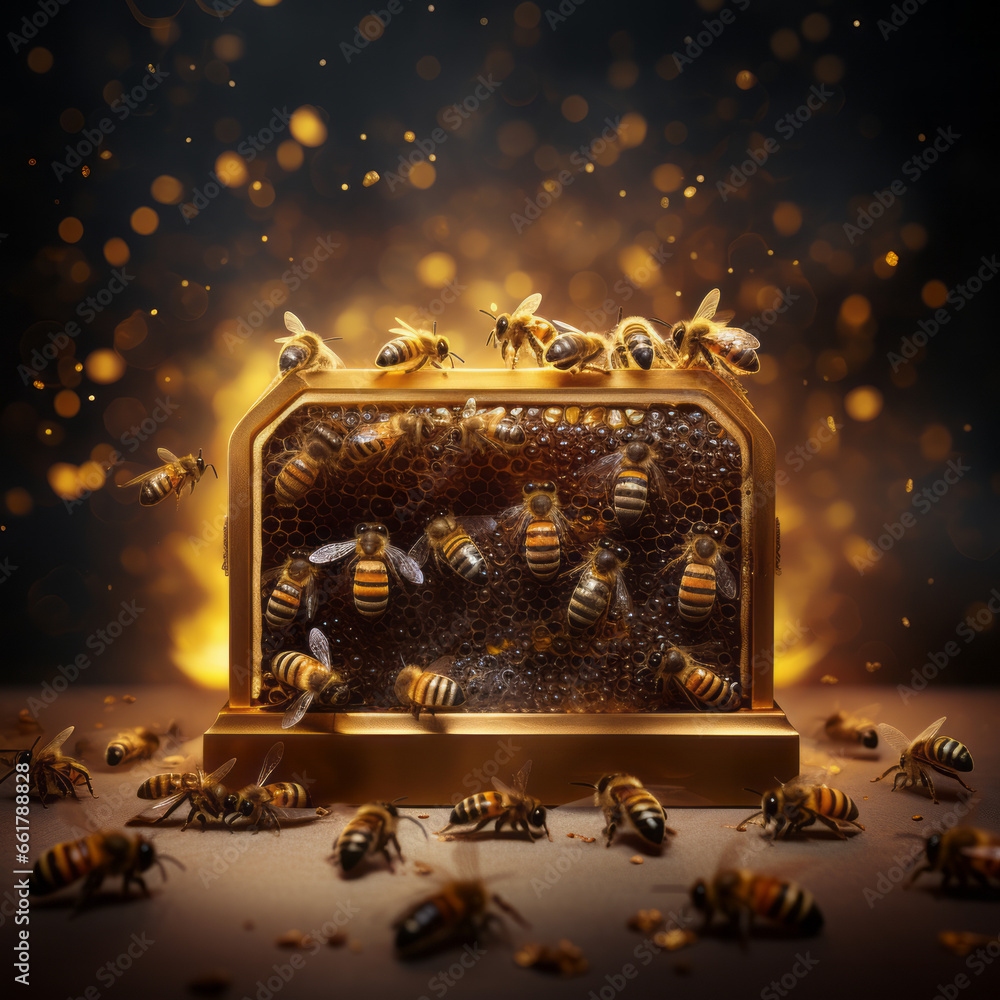 Bees in a golden-cell-filled frame, depicted realistically with ...