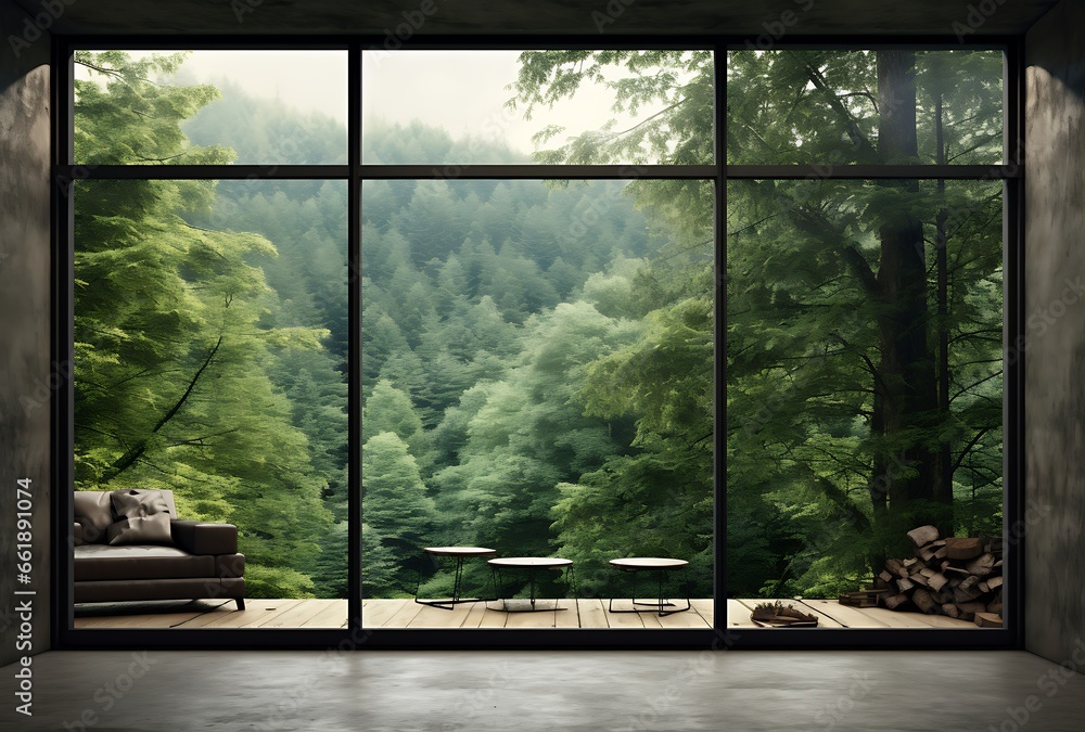 Interior of modern living room with wooden floor and panoramic window ...