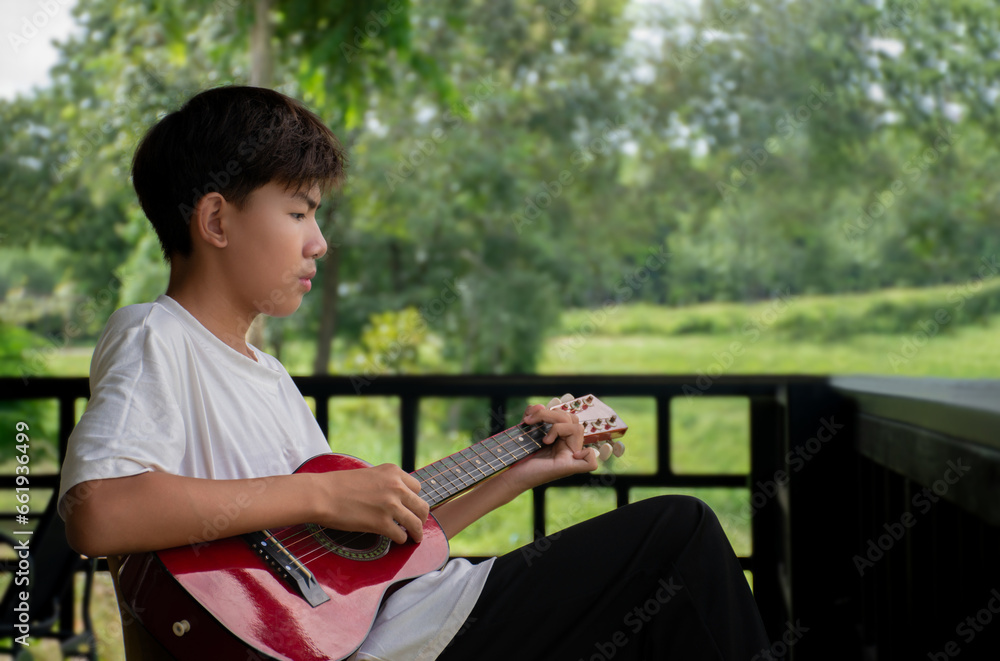 Asian boy plays acoustic guitar at home, recreational activity and ...