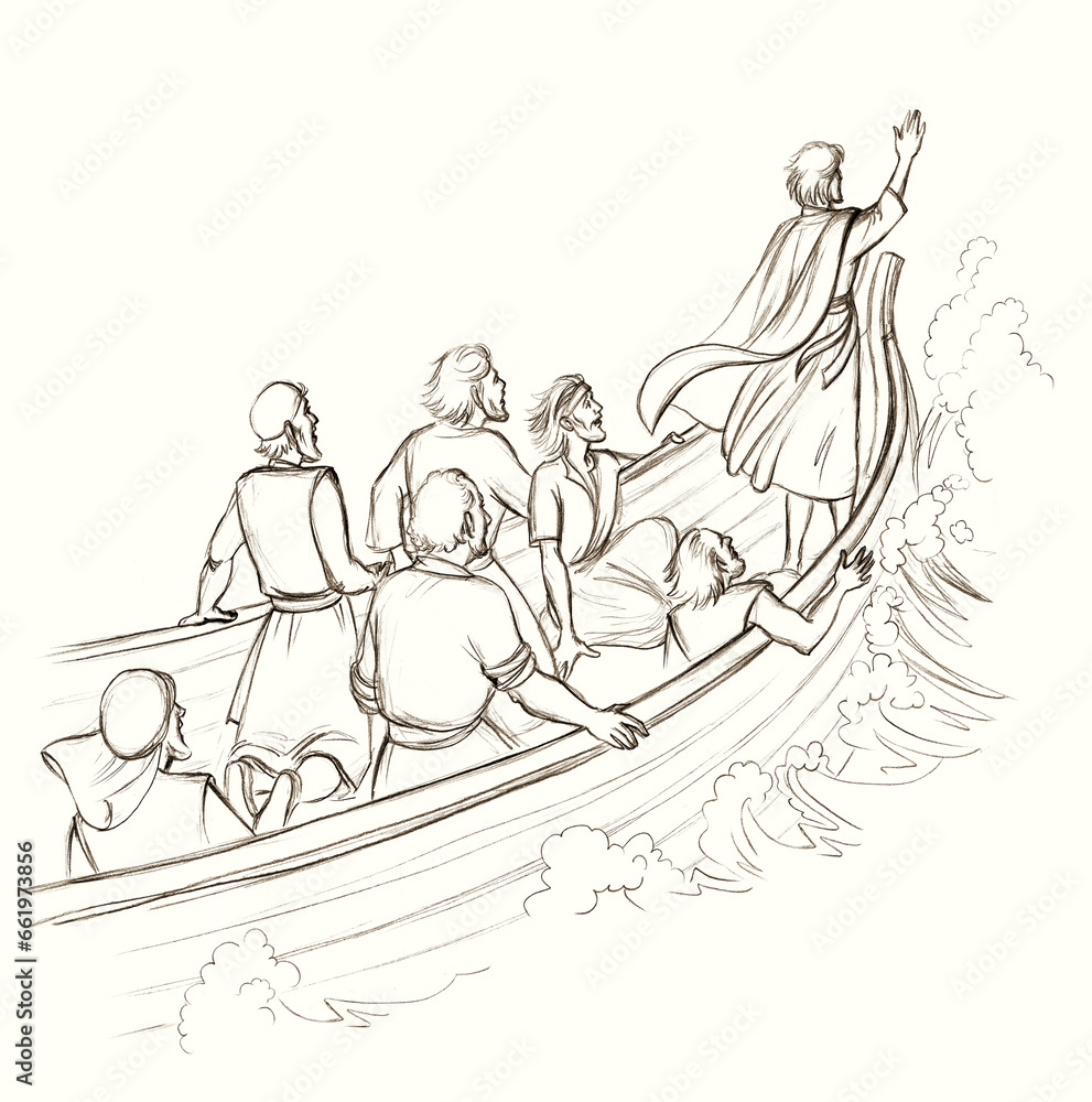 Jesus calms the storm. Pencil drawing Stock Photo | Adobe Stock