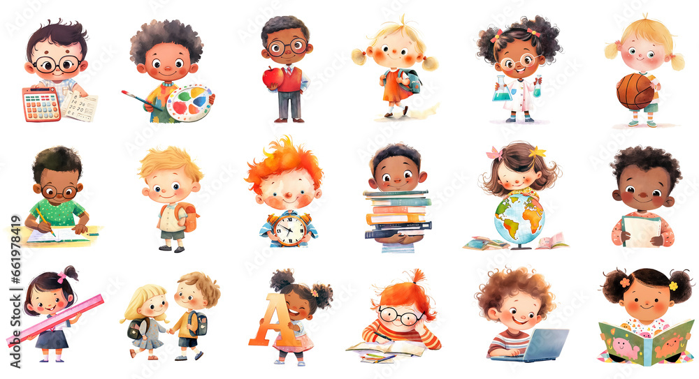 Collection of cute school kids. Education clipart. Mathe, drawing ...