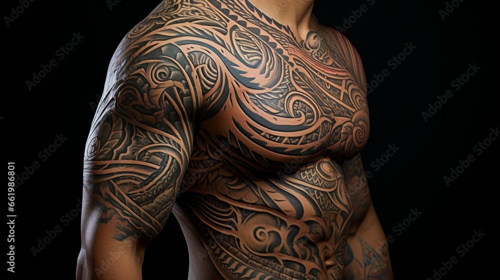 Polynesian style tattoo on a man's muscular and athletic body. Patterns ...