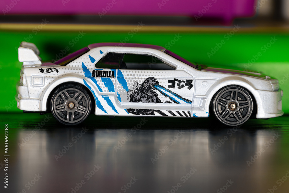 Hot Wheels model of white Nissan Skyline GT-R (R32). Right side view ...