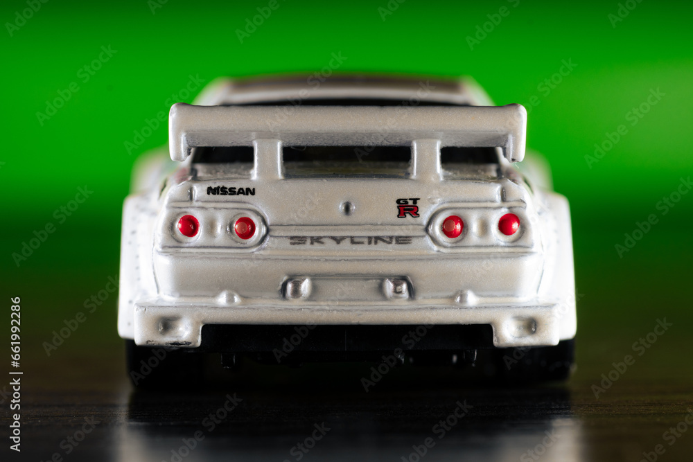 Hot Wheels model of white Nissan Skyline GT-R (R32). Rear view Stock ...
