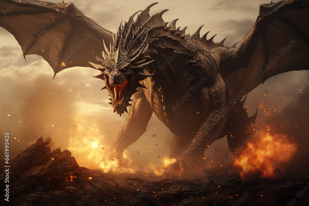 Amidst a scorched battlefield, a dragon stands triumphant. With every ...