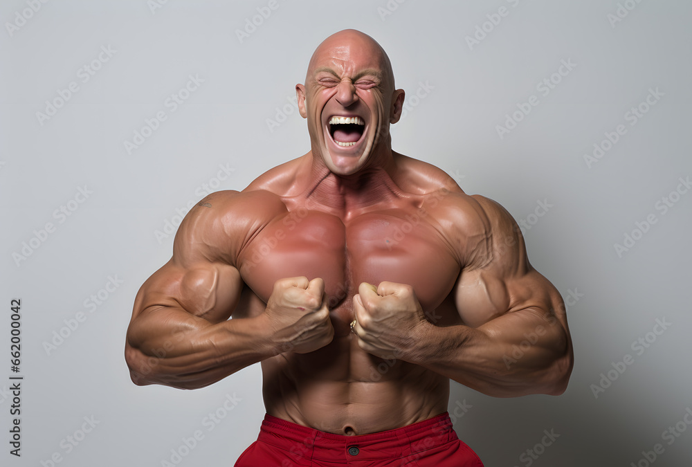Shirtless older bodybuilder flexing his muscles on a white background ...