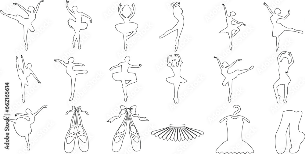 Ballet line art Vector Illustration: Set of 18 Elegant Ballerinas in ...
