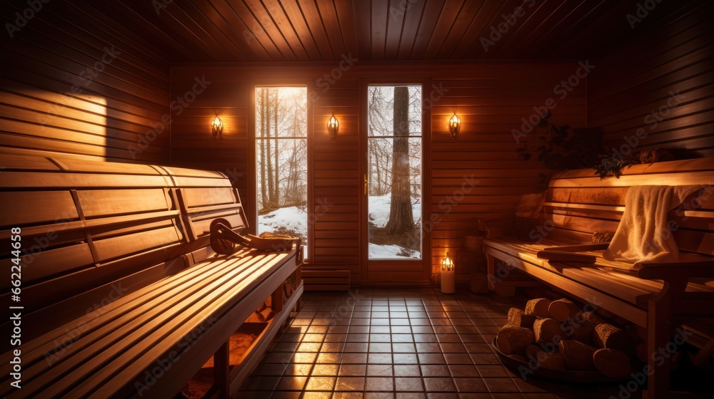 The classic interior of a Finnish sauna, built with rich wooden planks ...