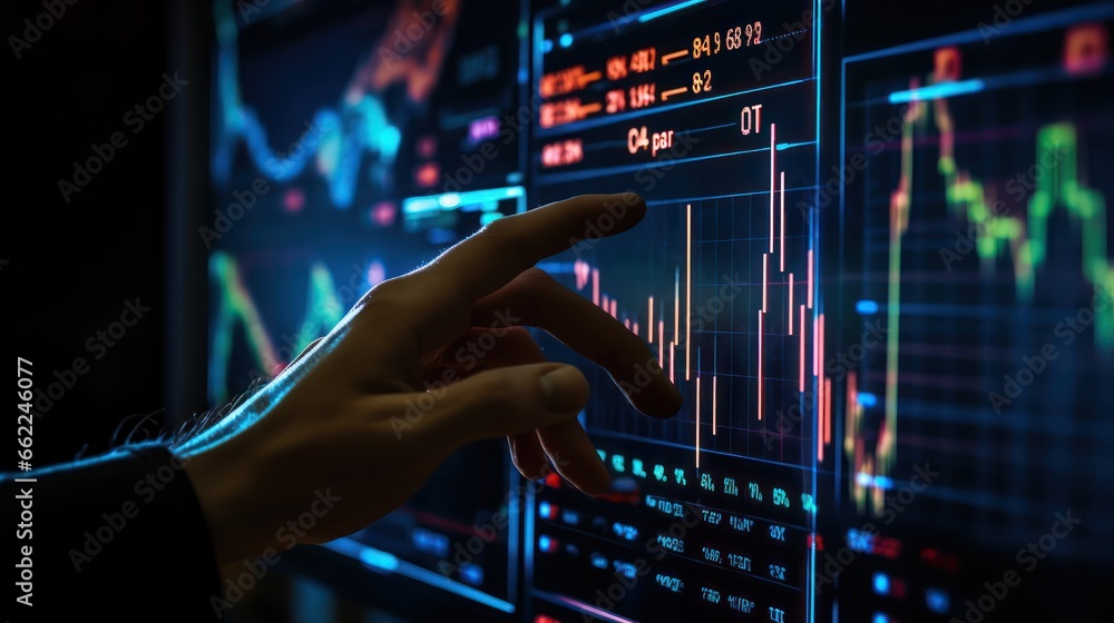 Hand interacts with a dynamic stock market graph displayed on a virtual ...