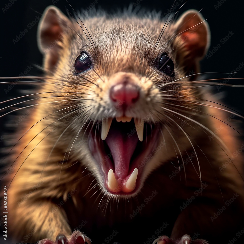 An aggressive mouse, the rat displays a rare ferocity, with its mouth wide open to reveal sharp ...