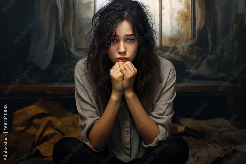 Sad depressed desperate grieving crying woman with folded hands and ...