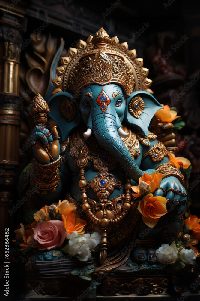 Hindu God Ganesha or Lord Ganesha in beautiful sitting pose on dark ...