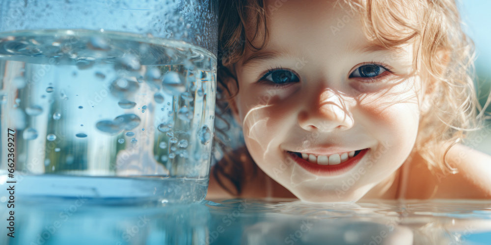 Cute little girl drink water start new day with healthy life habit, Child drinking clean mineral ...