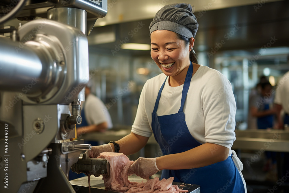 Against a backdrop of stainless steel equipment, a woman smiles as she ...