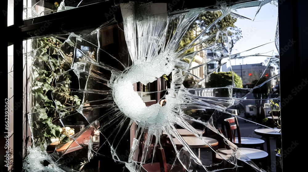 The front window of a restaurant is shattered, reflecting the city ...